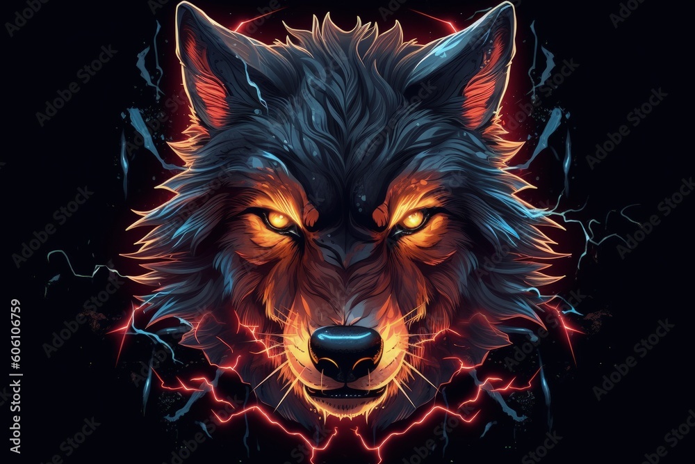 Ferocious wolf face with luminous eyes, background, digital ...