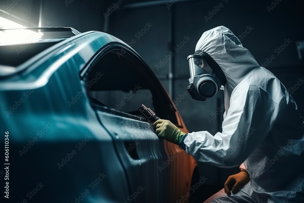 Car painter in protective clothes and mask painting a car, mechanic ...