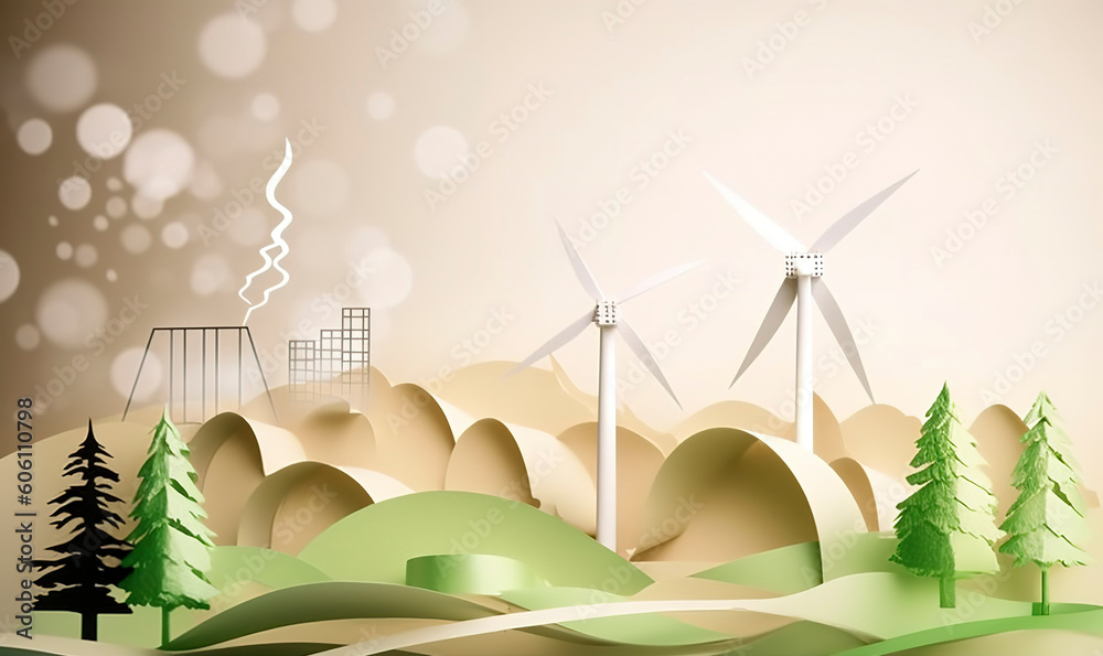 Paper art, renewable energy with green energy such as wind turbines ...
