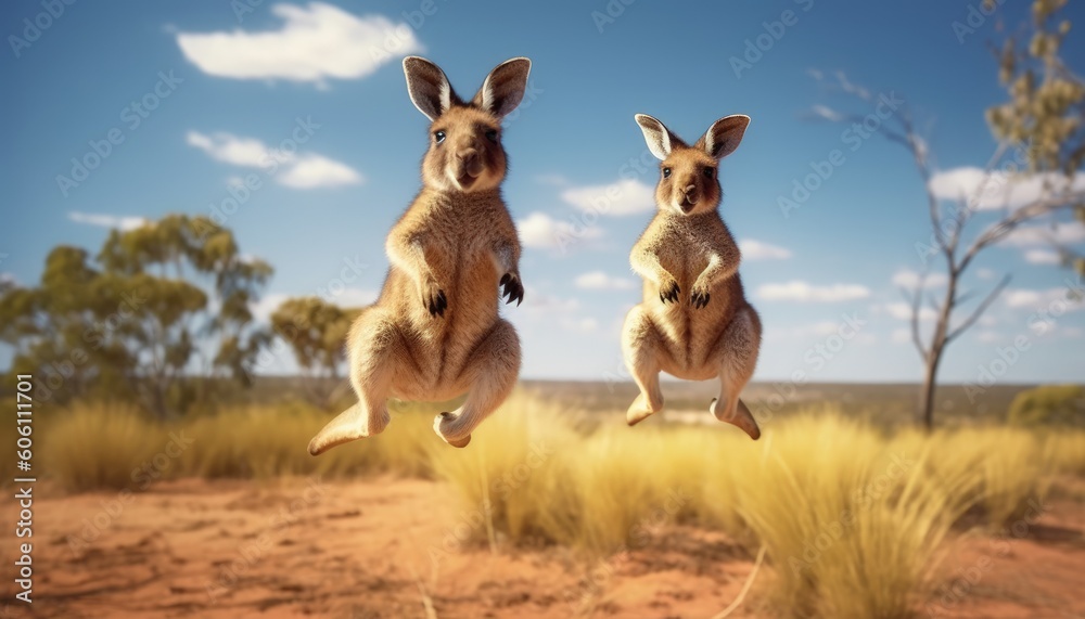 Two adorable kangaroos are caught in mid-air as they joyfully leap ...