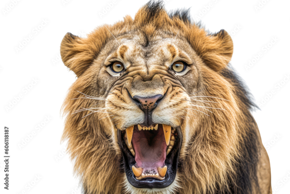 A roaring lion with its mouth open, isolated on a transparent ...