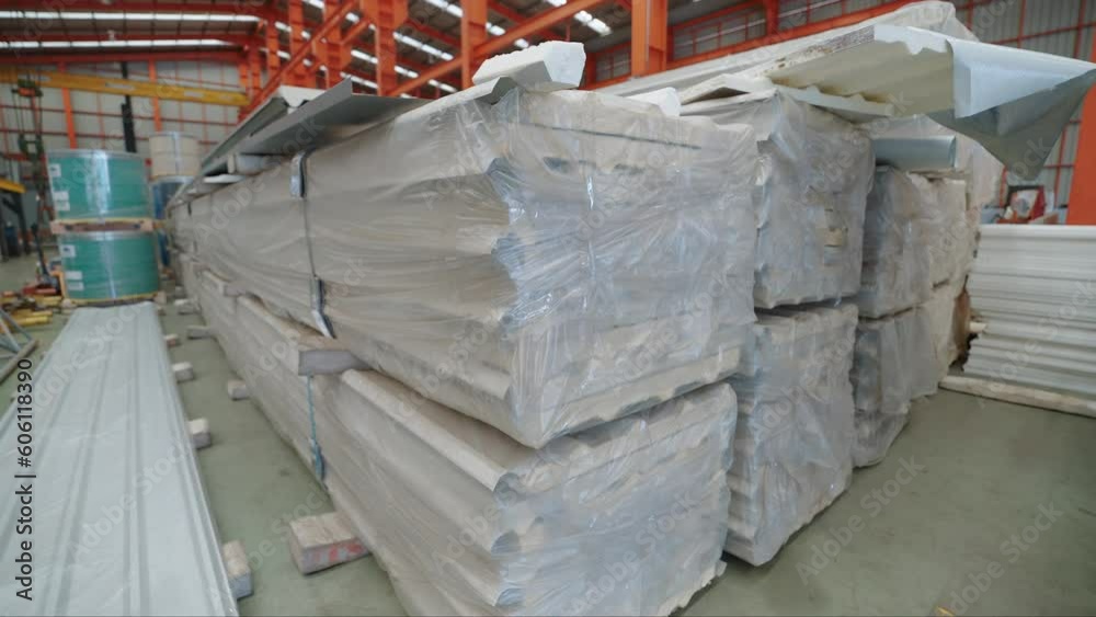 Close up stack of roofing sheets in metal sheet factory. Metal sheet ...