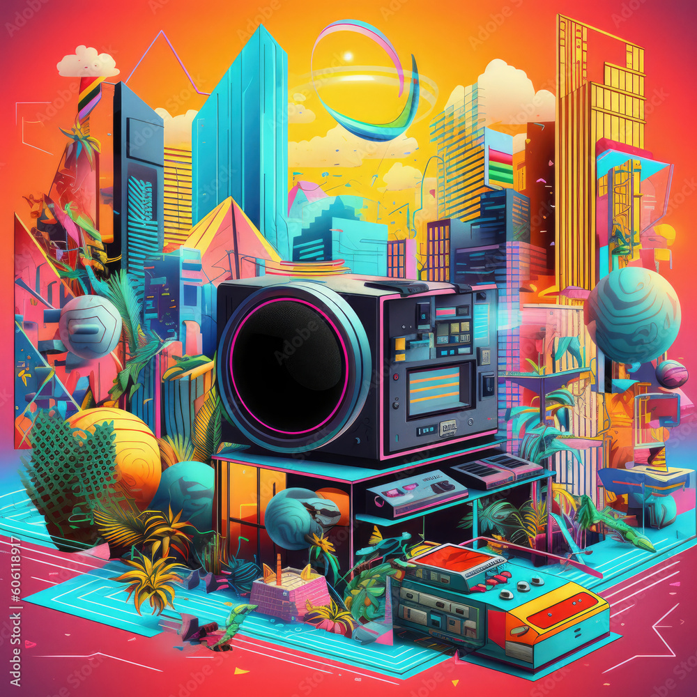 Retro-inspired digital artwork featuring vibrant colors, geometric ...