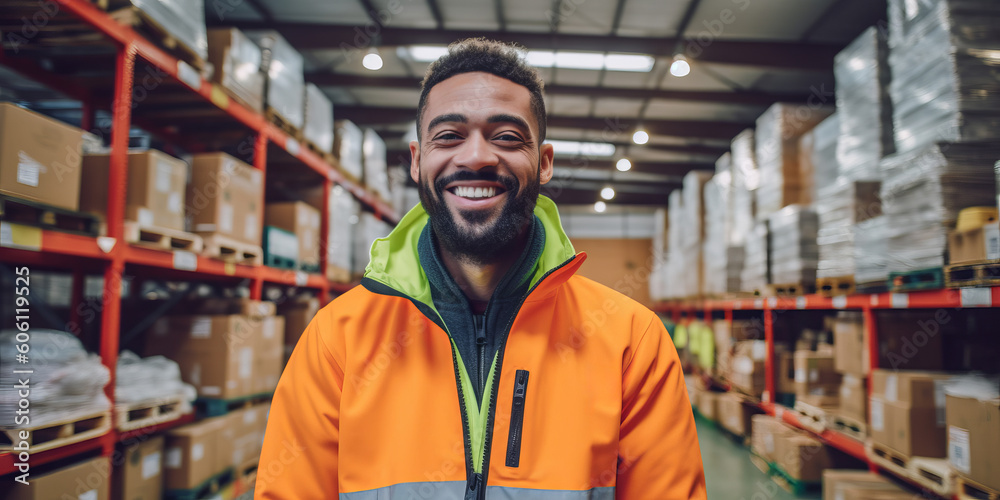Portrait of warehouse worker wearing a hi-vis jacket stood in a ...