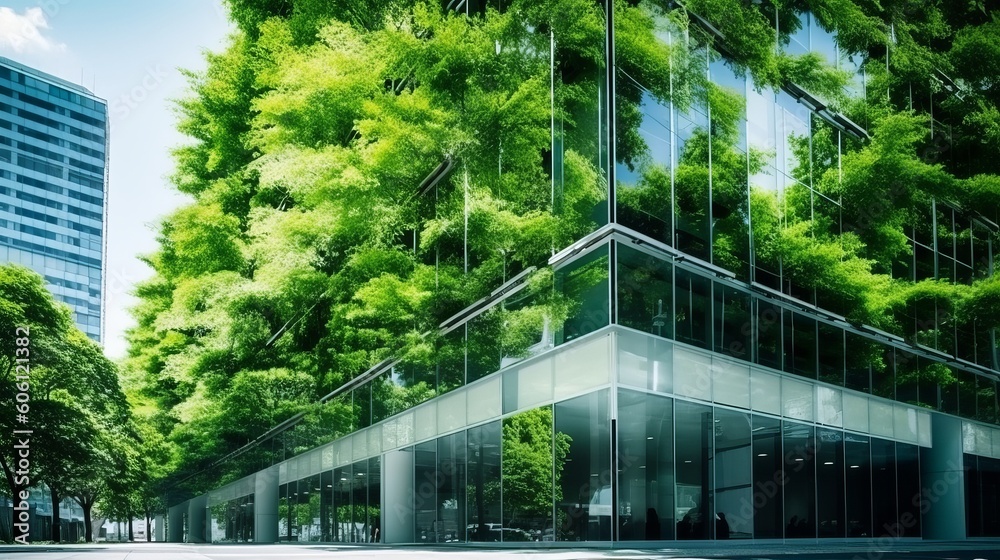 eco friendly building in the modern city. green tree branches with ...