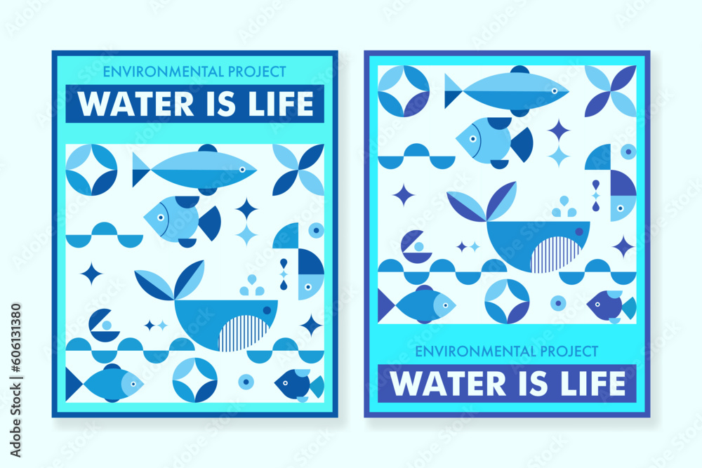 Set of cover templates in neo geo style about saving water resources ...