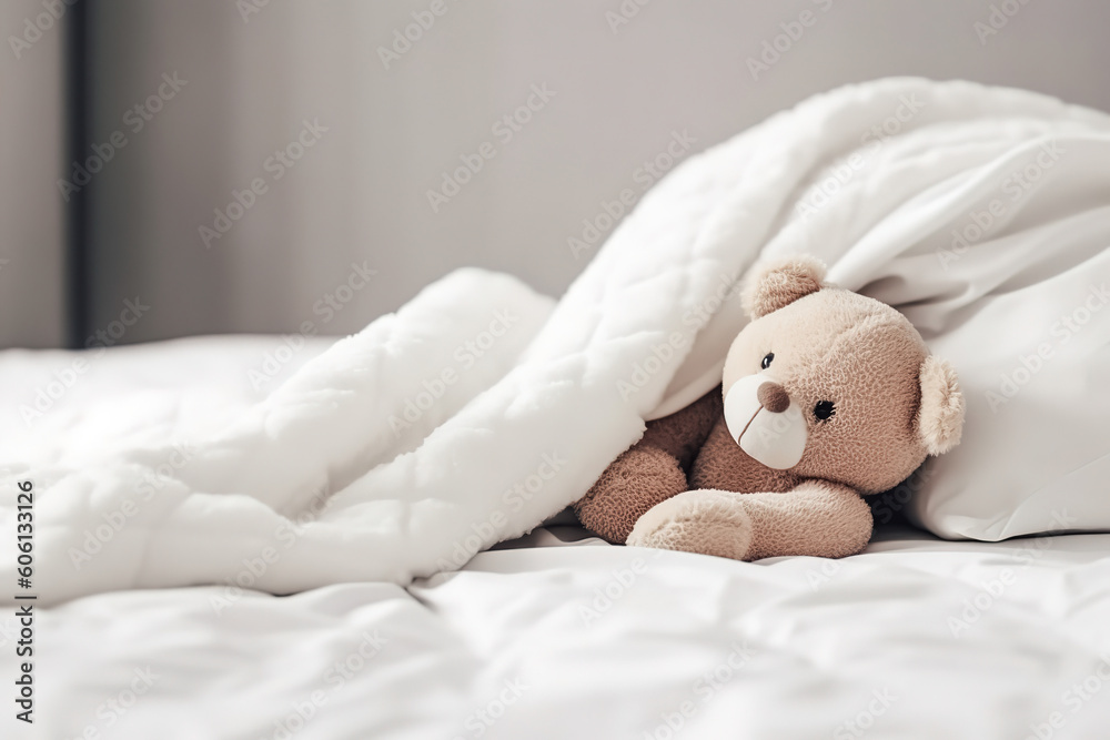 Cute little teddy bear lying sleeping alone on white bed in morning ...
