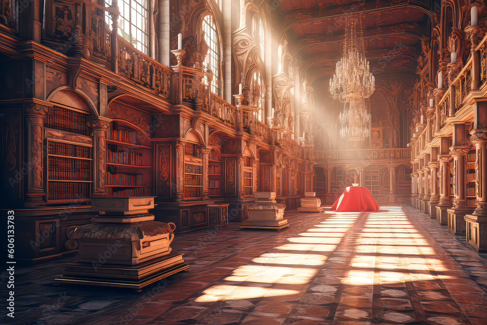 Royal library, cinematic, volumetric light, no people, empty space ...