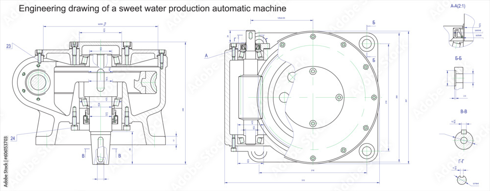 Vector engineering drawing of a sweet water production automatic ...