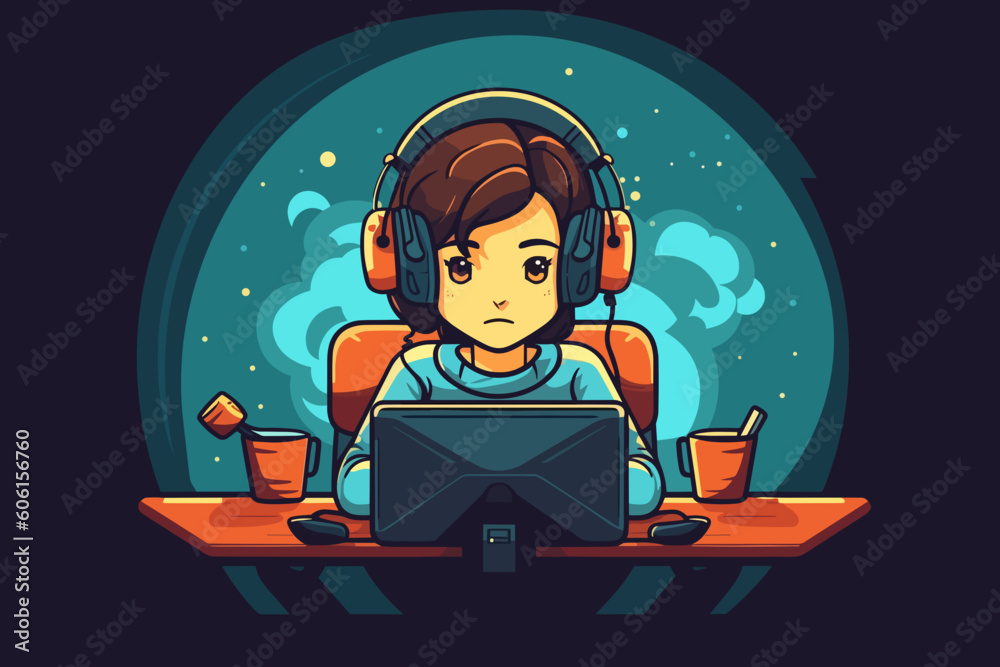 Doodle inspired Video game designer at gaming cafe, cartoon sticker ...