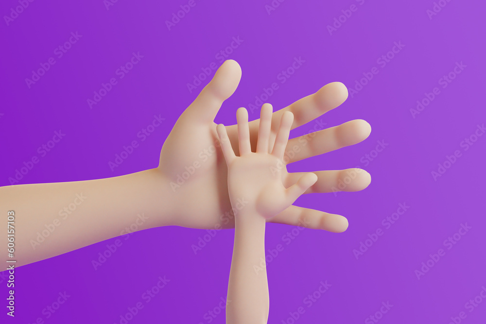 Cartoon hand of mom or dad is holding a small child's hand in his hand ...