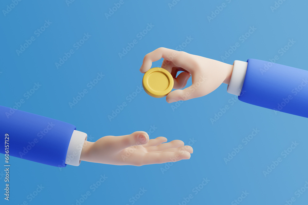 Cartoon hand in suit give gold coin to other hand on a blue background ...