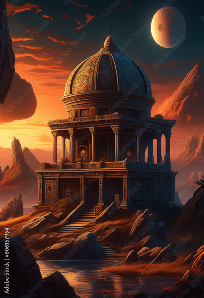 Surreal abandoned ancient alien temple on forgotten exoplanet Stock Illustration | Adobe Stock