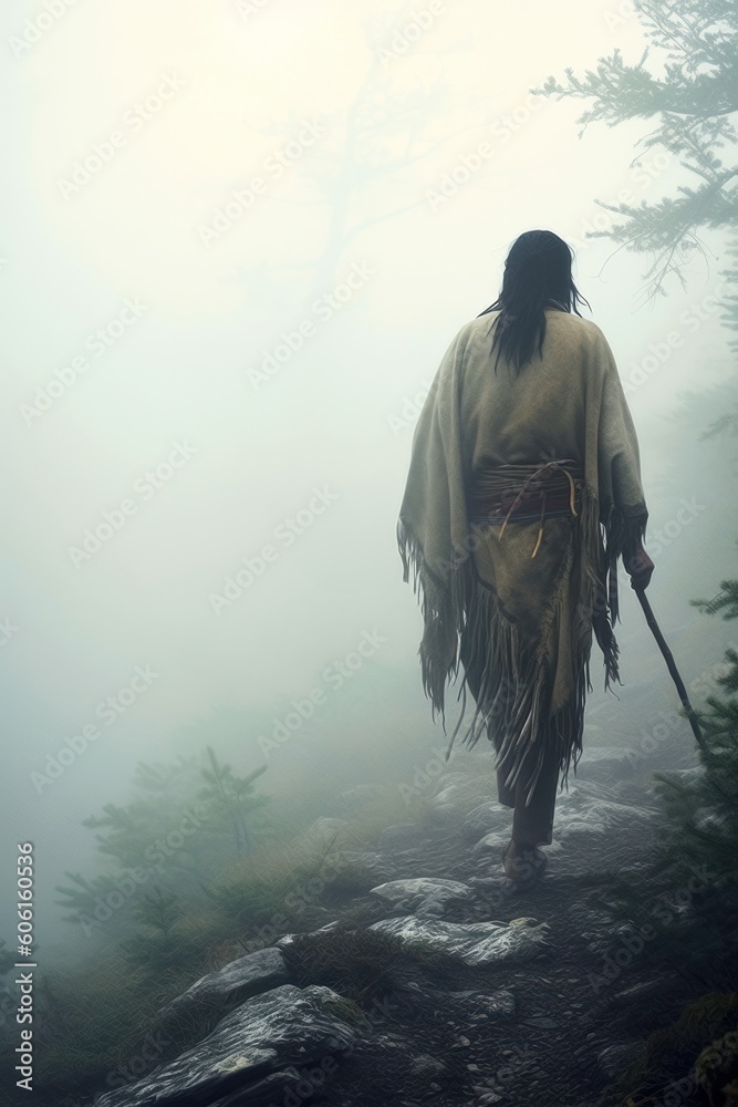 native american walking away. rear view. misty early morning landscape ...