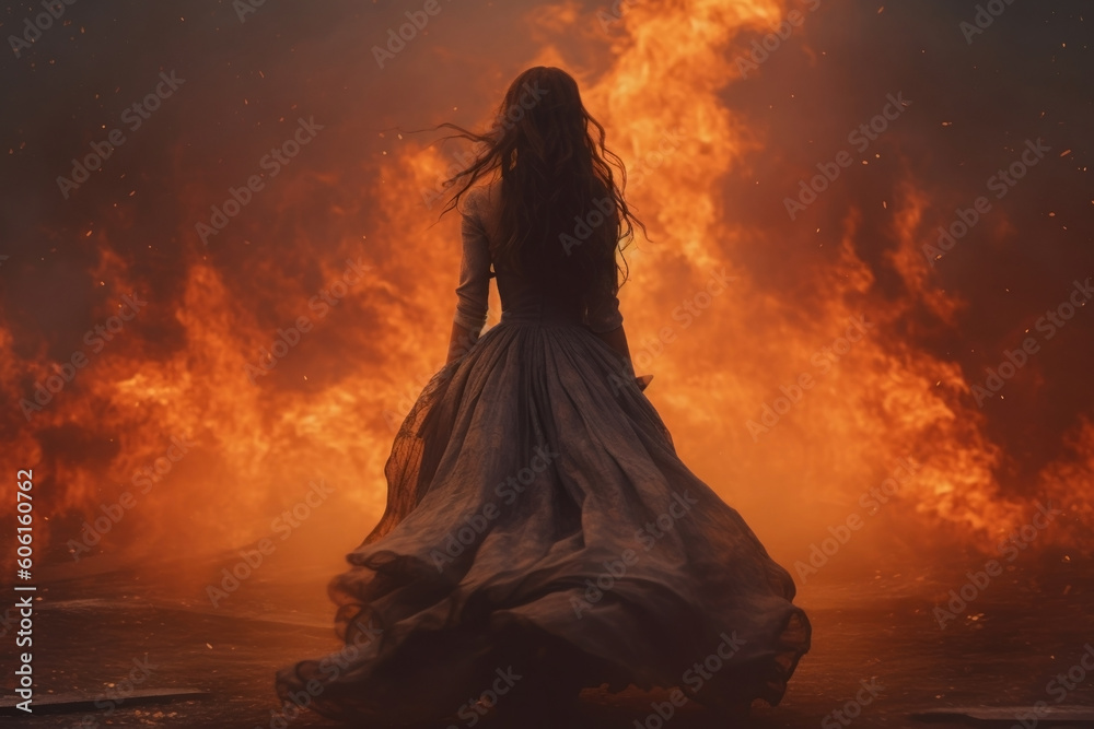 retro woman walking away with wind and flames. embers and fire. long ...