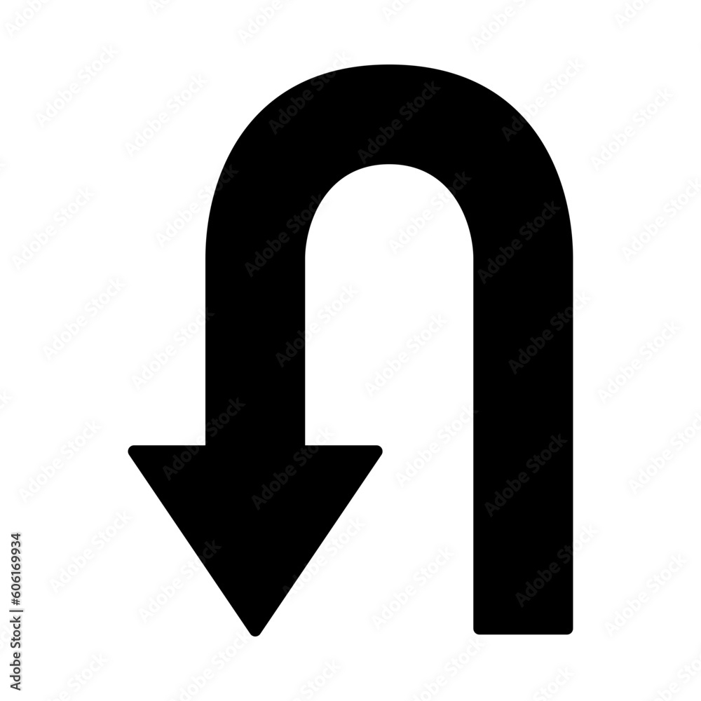 Black go back return arrow icon, simple vector u turn shape pointer ...