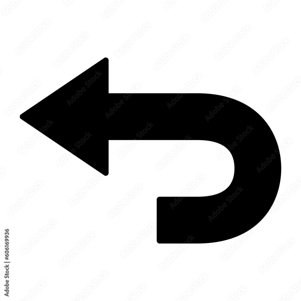 Black go back return arrow icon, simple vector u turn shape pointer ...