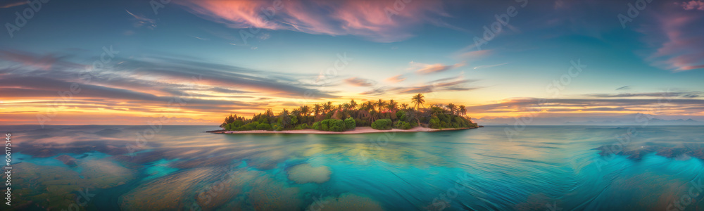 Tropical island with palm trees and clear blue water. at sunset. Summer ...