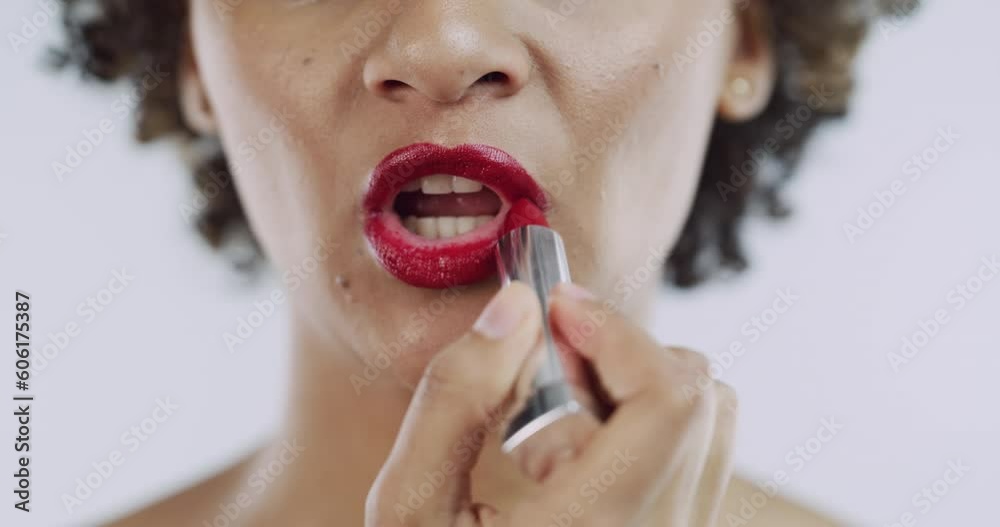 Makeup, closeup and woman with red lipstick doing a cosmetic mouth ...