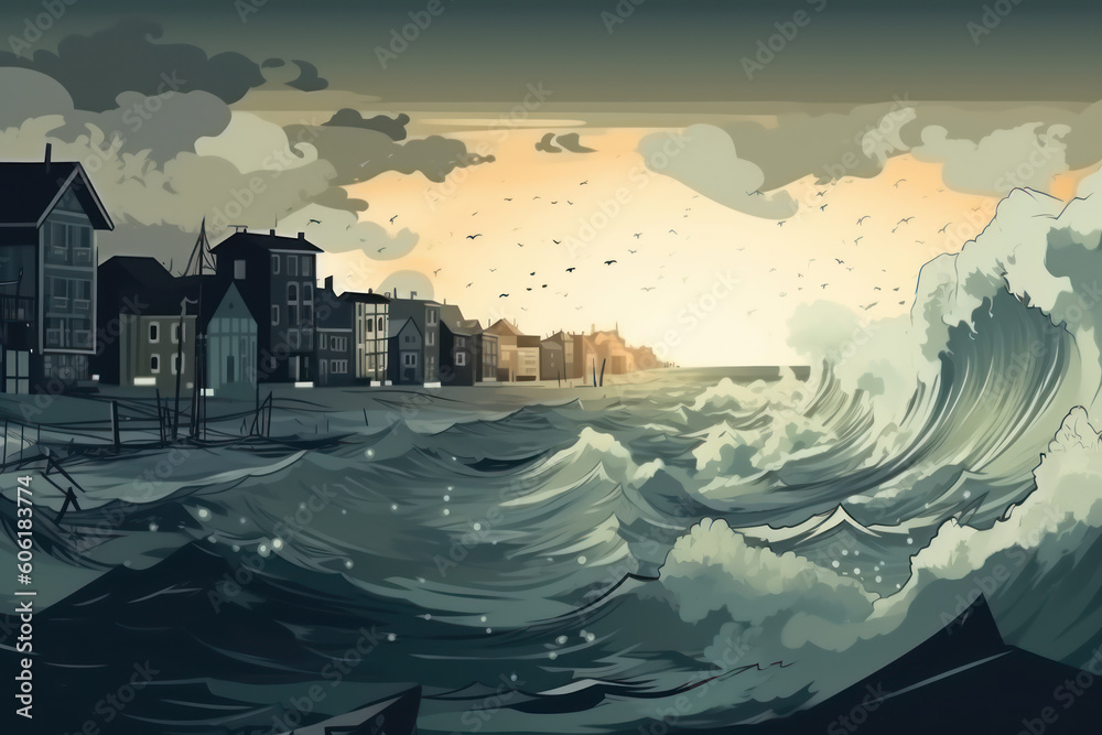 A tsunami hit a seaside town. Apocalyptic dramatic background, giant ...