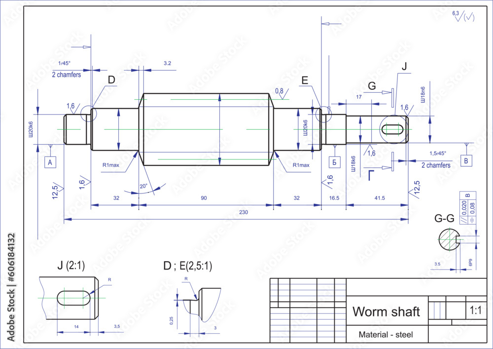 Vector drawing of a steel mechanical part with through holes. Worm ...