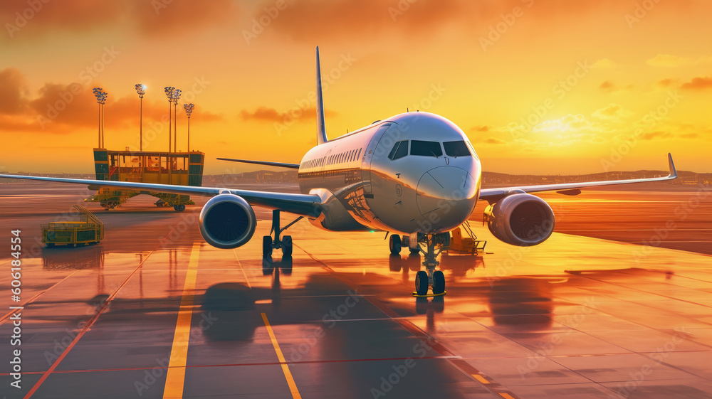 Airplane at the terminal gate ready for takeoff - Modern international ...