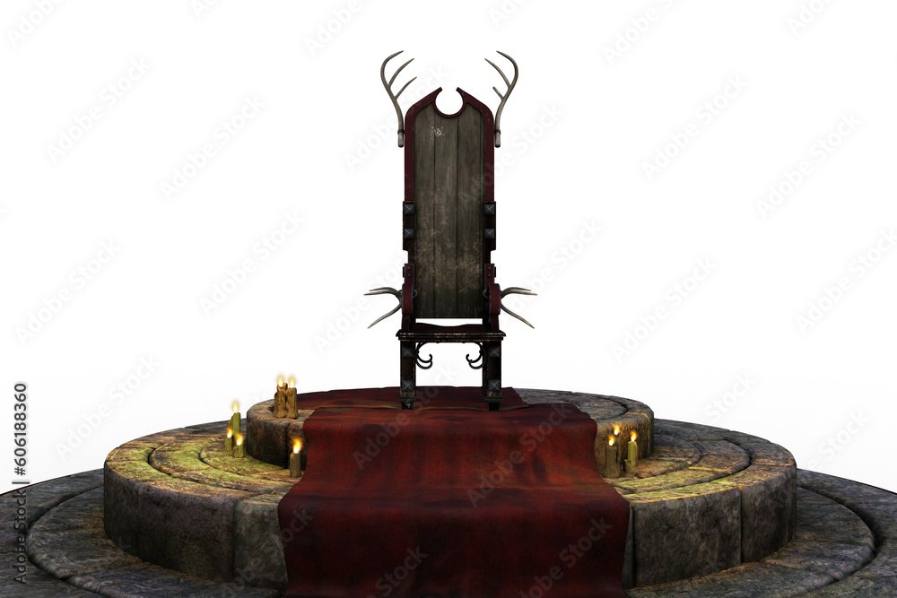 Fantasy medieval throne on a stone platform with red carpet. Isolated ...