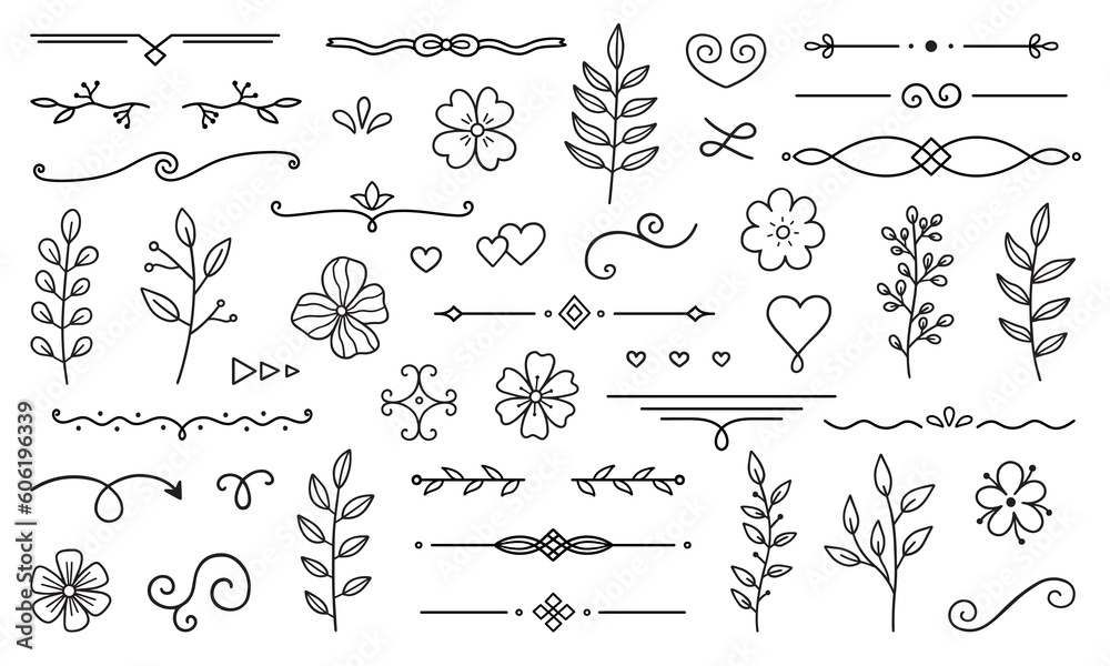 Decorative elements doodle set. Divider ornament, borders, branches ...