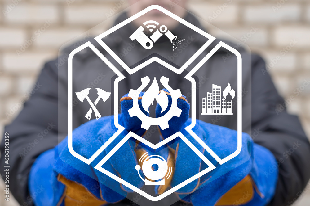 Firefighter using virtual touch screen presses prevent icon: fire flame ...