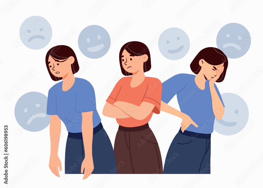 Emotional woman concept. Young girl with different moods. Upset ...