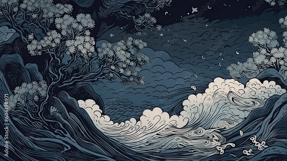 Japanese traditional Ukiyoe blue and white big wave and the sea at ...
