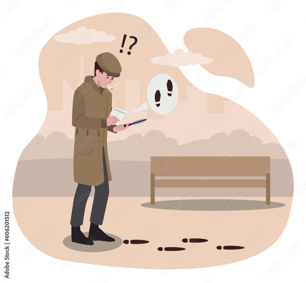 Detective at crime scene. Man with magnifying glass checks footprints ...