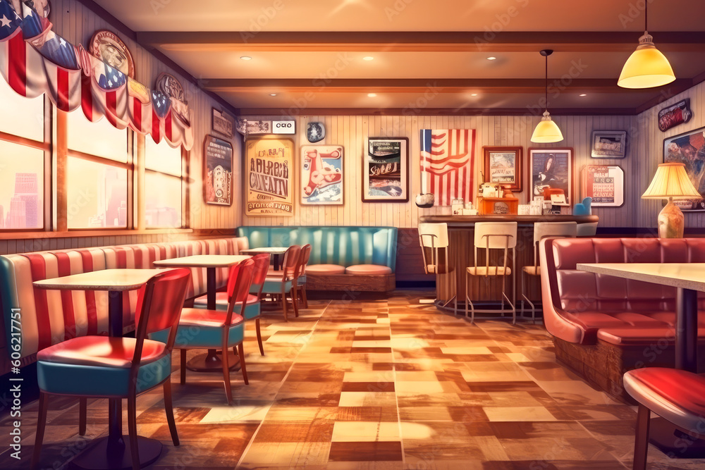 Retro American Restaurant Interior with Tables, Sofas and Memorabilia ...