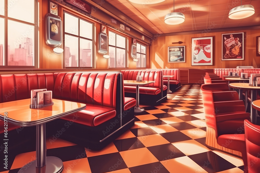 Retro American Restaurant Interior with Tables, Sofas and Memorabilia ...
