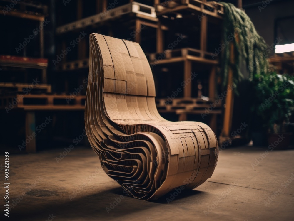A chair made out of cardboard sitting in a warehouse. AI generative ...
