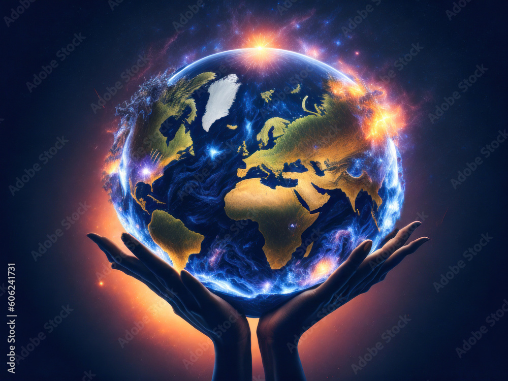 Hands holding the planet Earth with universe background. Save the ...