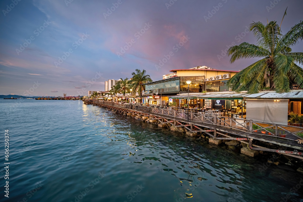 Waterfront bars at sunset in Kota Kinabalu, Sabah, Malaysia. Stock ...