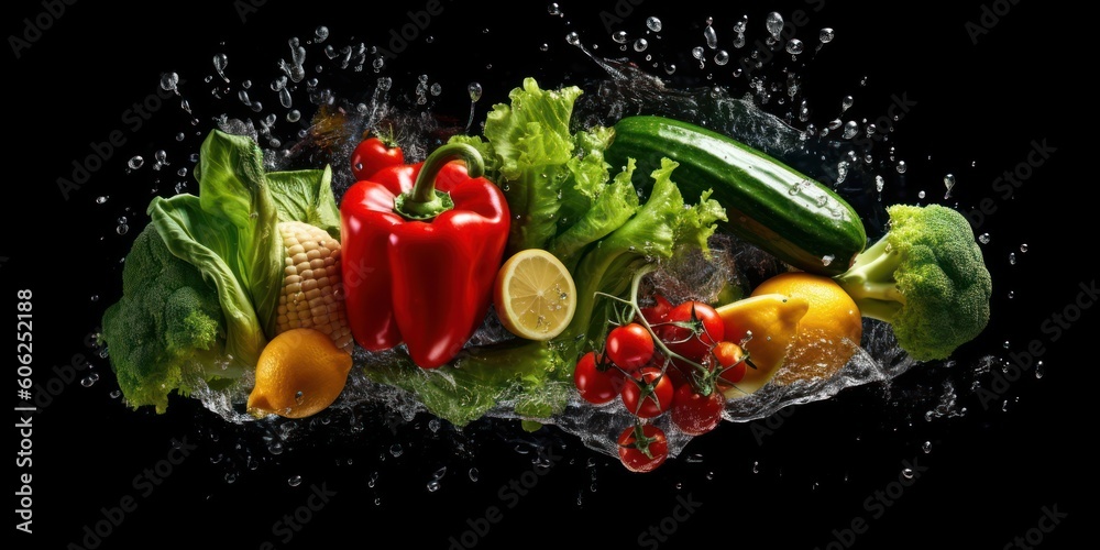 Vegetables with Water Splash on Dark Background, Diet Food for ...