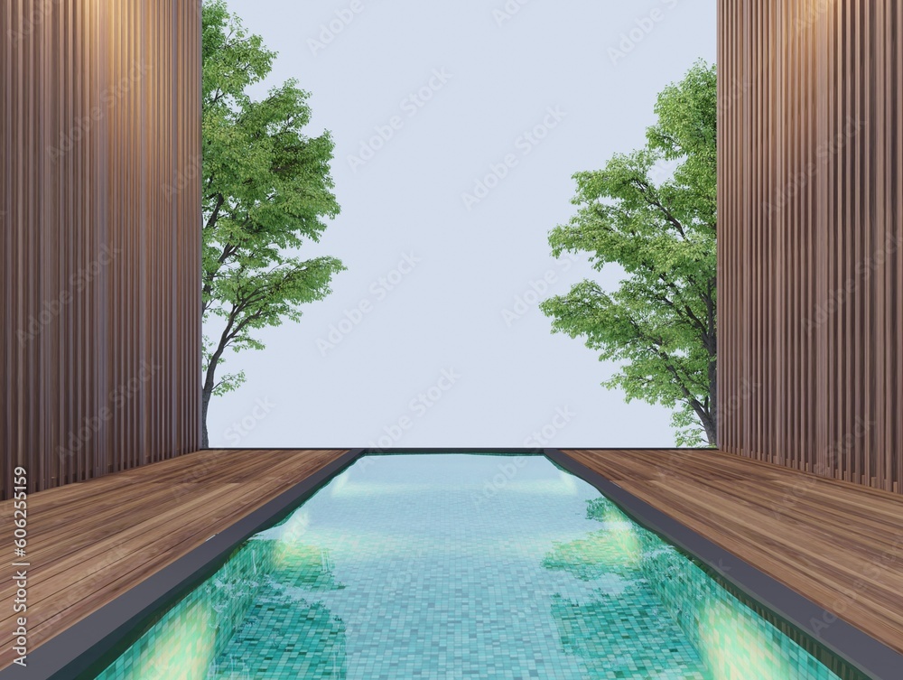 3d rendering of outdoor swimming pool with dark wooden slats covering ...