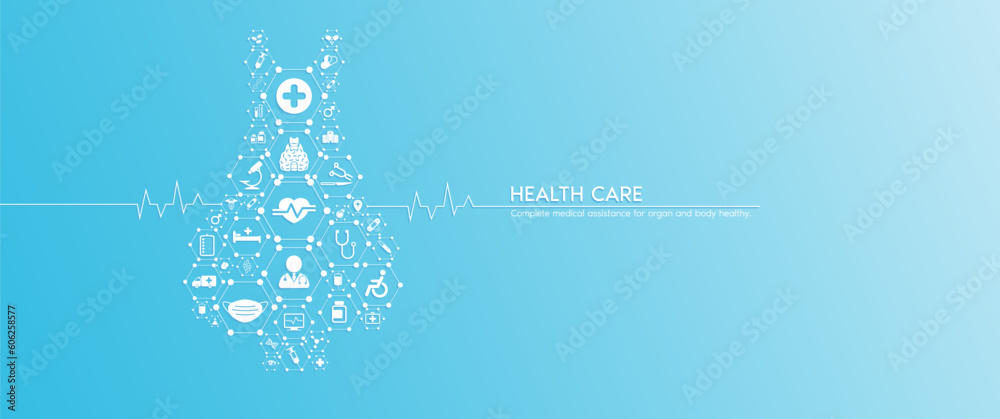 Thyroid gland health care. Medical icons inside hexagons connected in ...