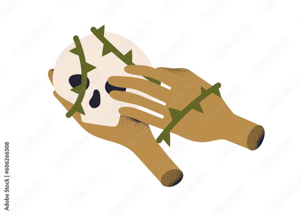 Witch hand holding skull. Dead human head skeleton. Esoteric occult ...