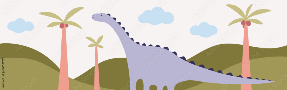 Cute dinosaur walking in nature. Wild landscape with adorable dino ...