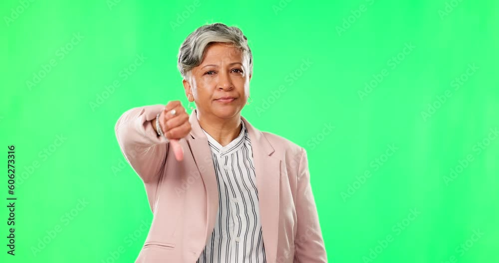 Thumbs down, woman and hand sign on green screen for bad review, poor ...