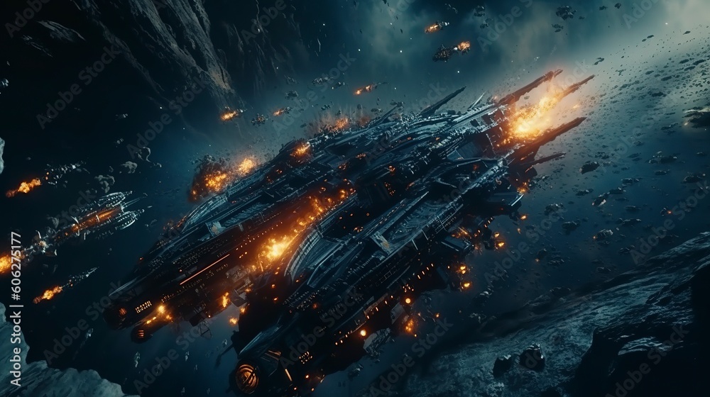 Cinematic Still, intense space battle between two massive battleships ...