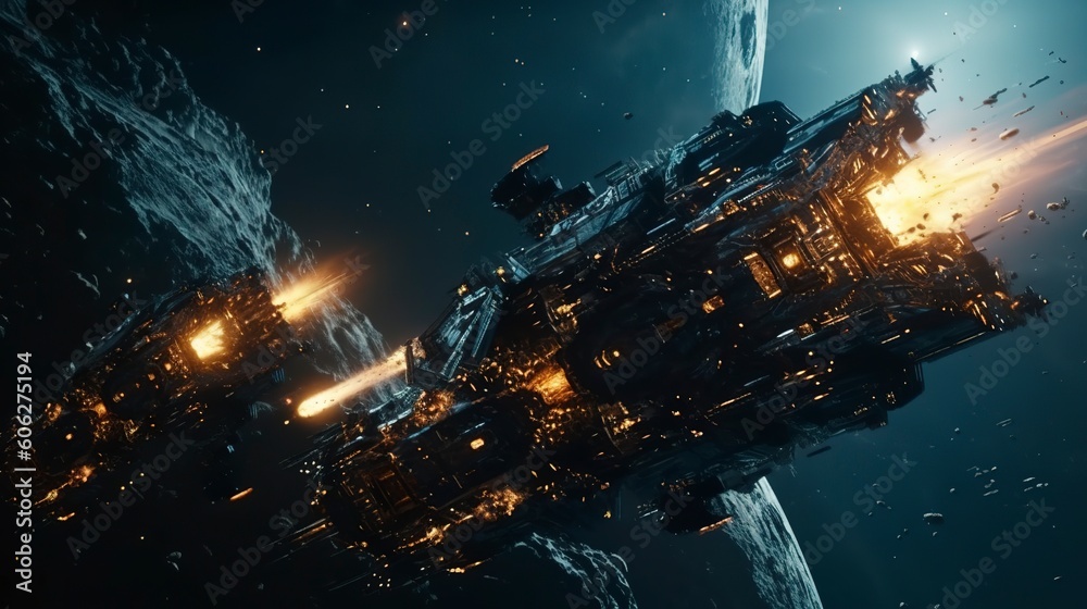 Cinematic Still, intense space battle between two massive battleships ...