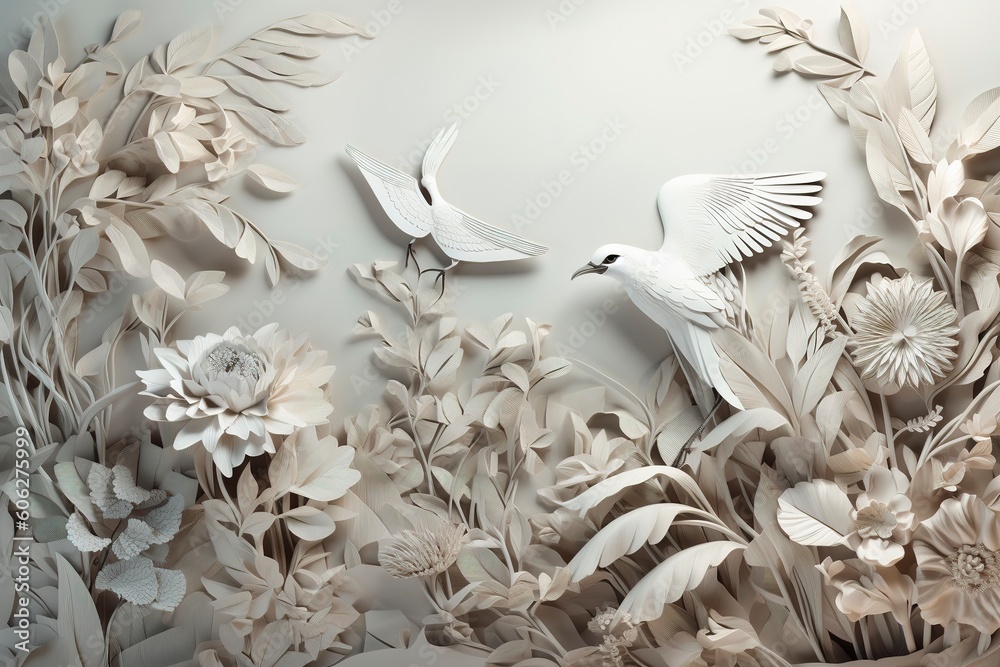 3d floral mural wallpaper with a light simple background. branches of ...