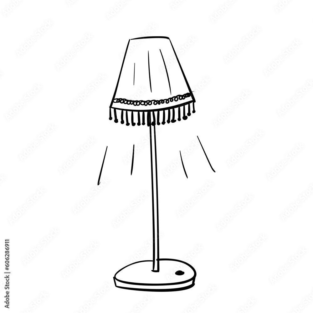 Floor lamp on a long thin stem with a trapezoid lampshade with fringe ...