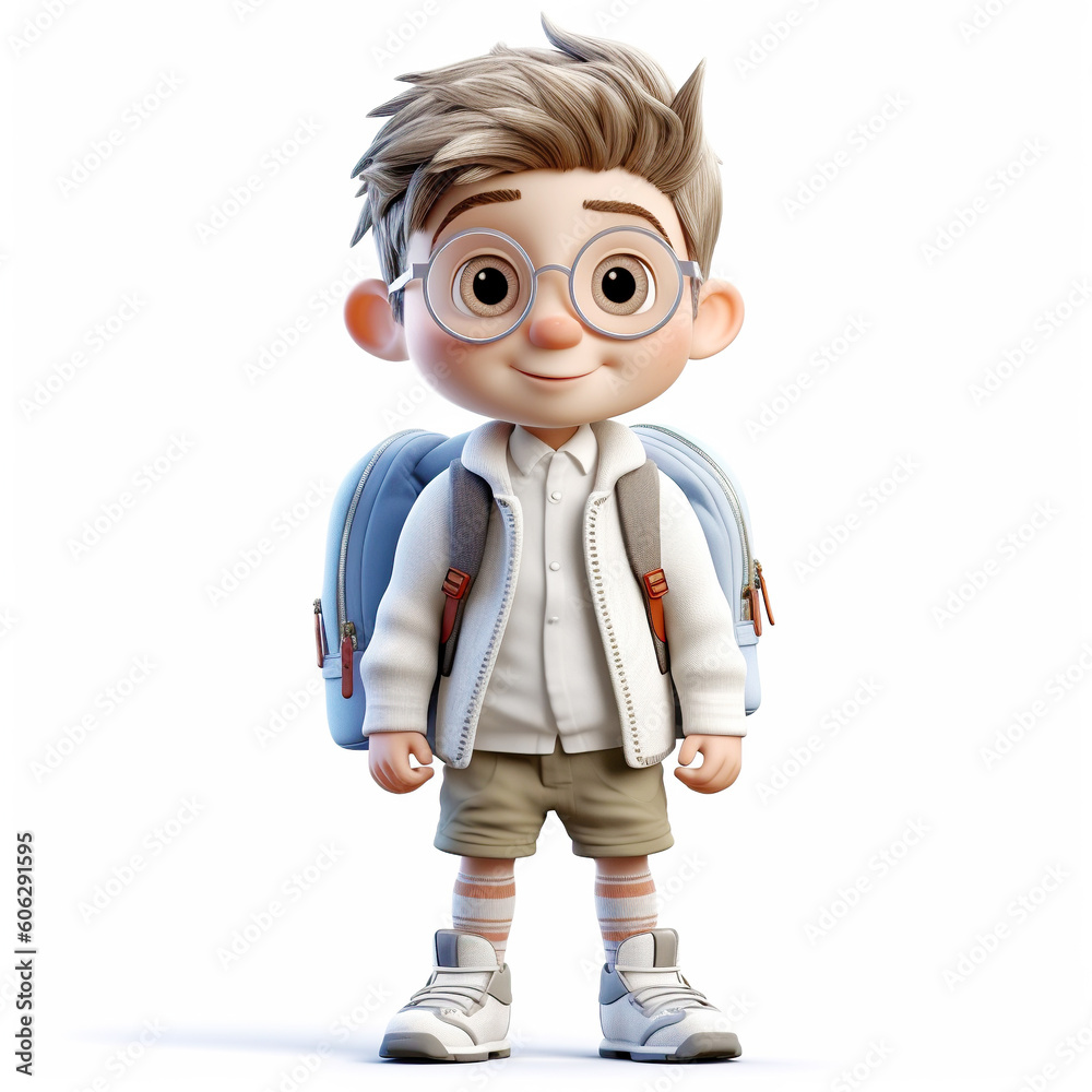 cartoon character schoolboy with backpack on white background, boy ...