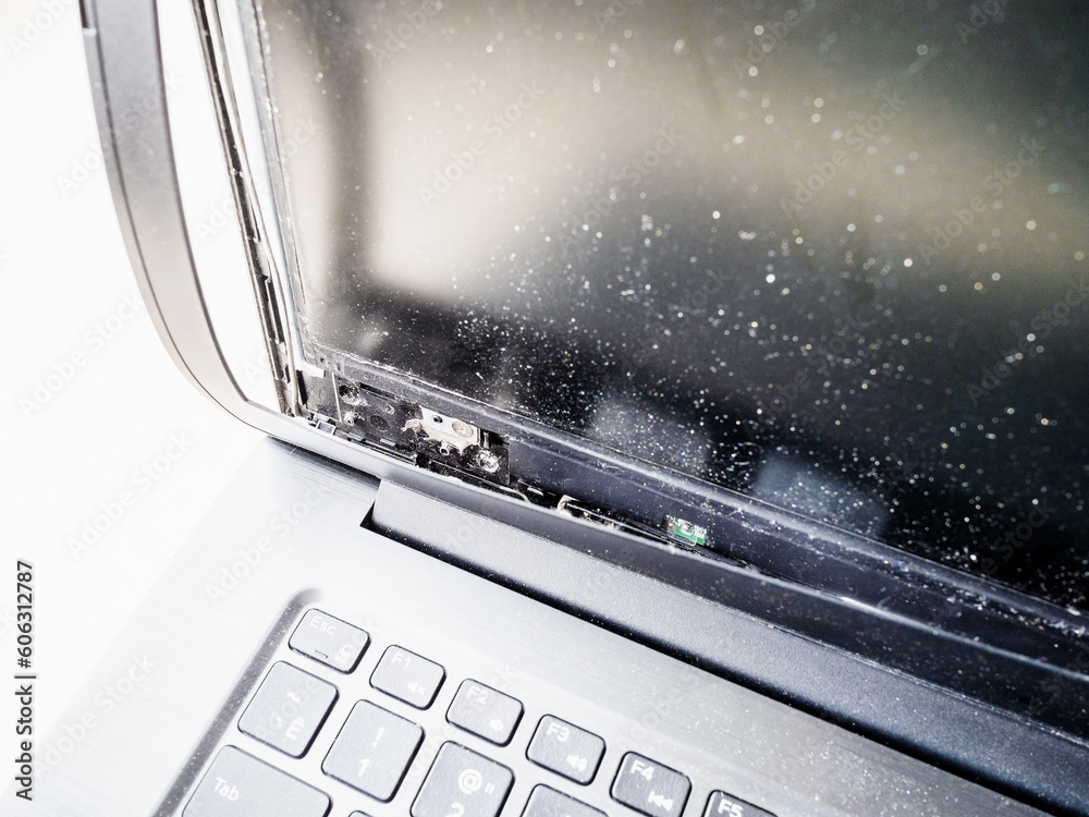 broken screen mount of old laptop close up on table Stock Photo | Adobe ...