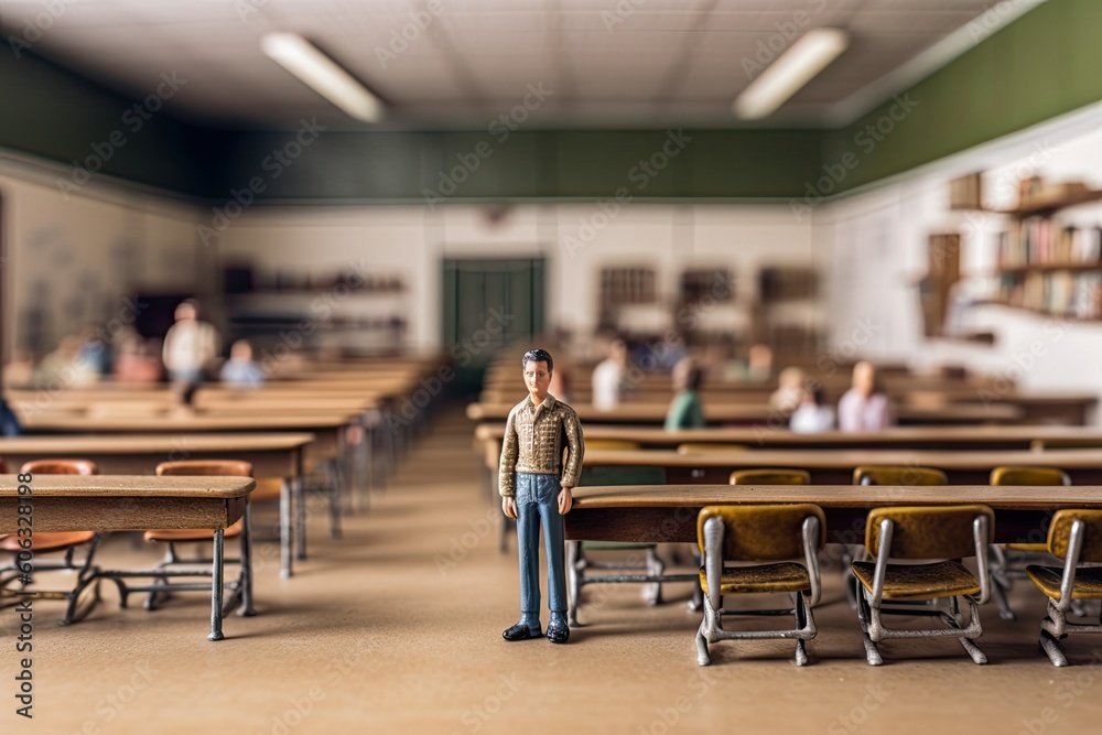Miniature school teacher. Little toy Man stands in middle of classroom ...